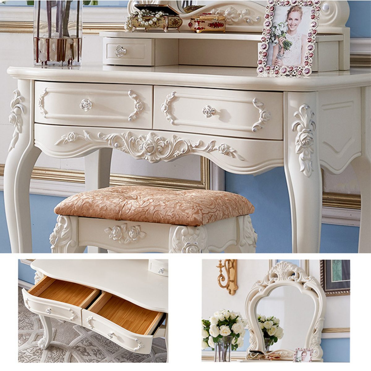 French Style Wooden Dressing Table With Stool - Easy Home Furniture