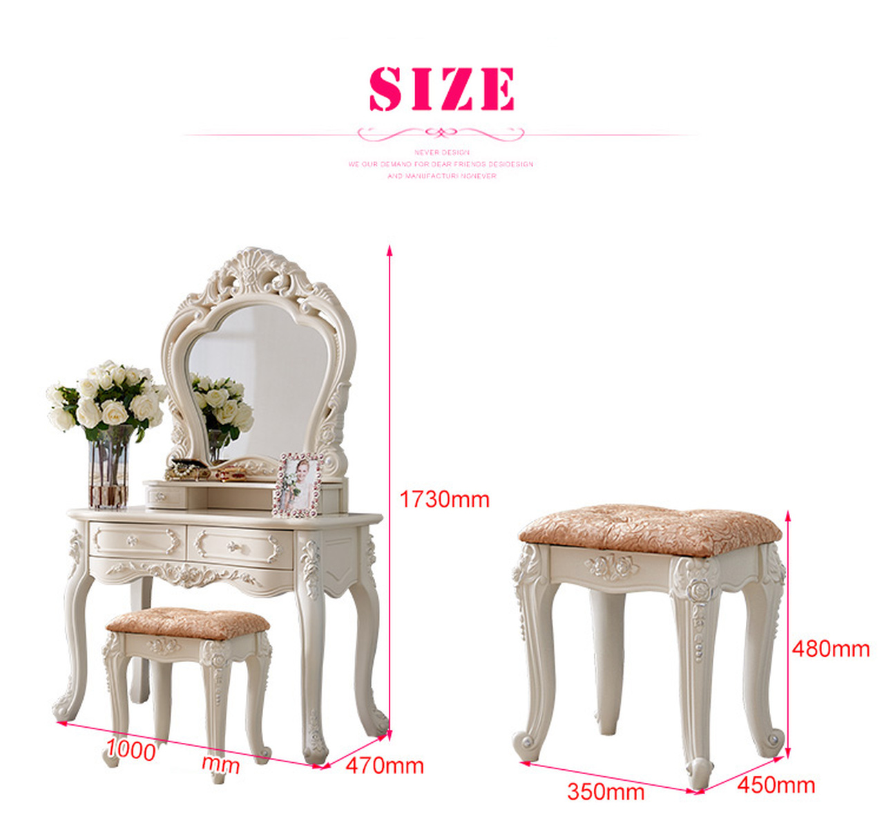 French Style Wooden Dressing Table With Stool - Easy Home Furniture